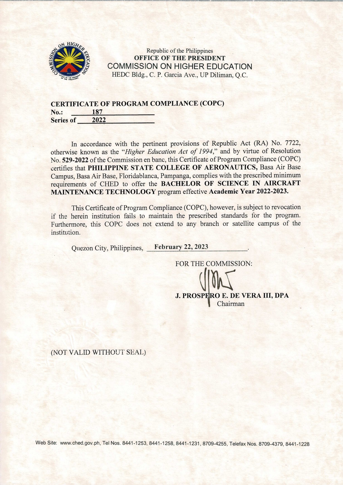 PhilSCA Basa Air Base Campus for achieving the Commission on Higher ...
